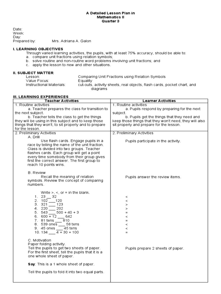 Comparing Unit Fractions: A Detailed Lesson Plan on Using Relation ...