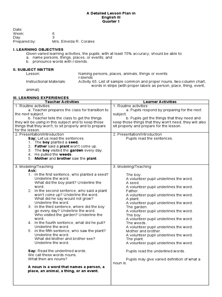 A Detailed Lesson Plan in English 3 Q1 Emelda | PDF | Phonics | Lesson Plan
