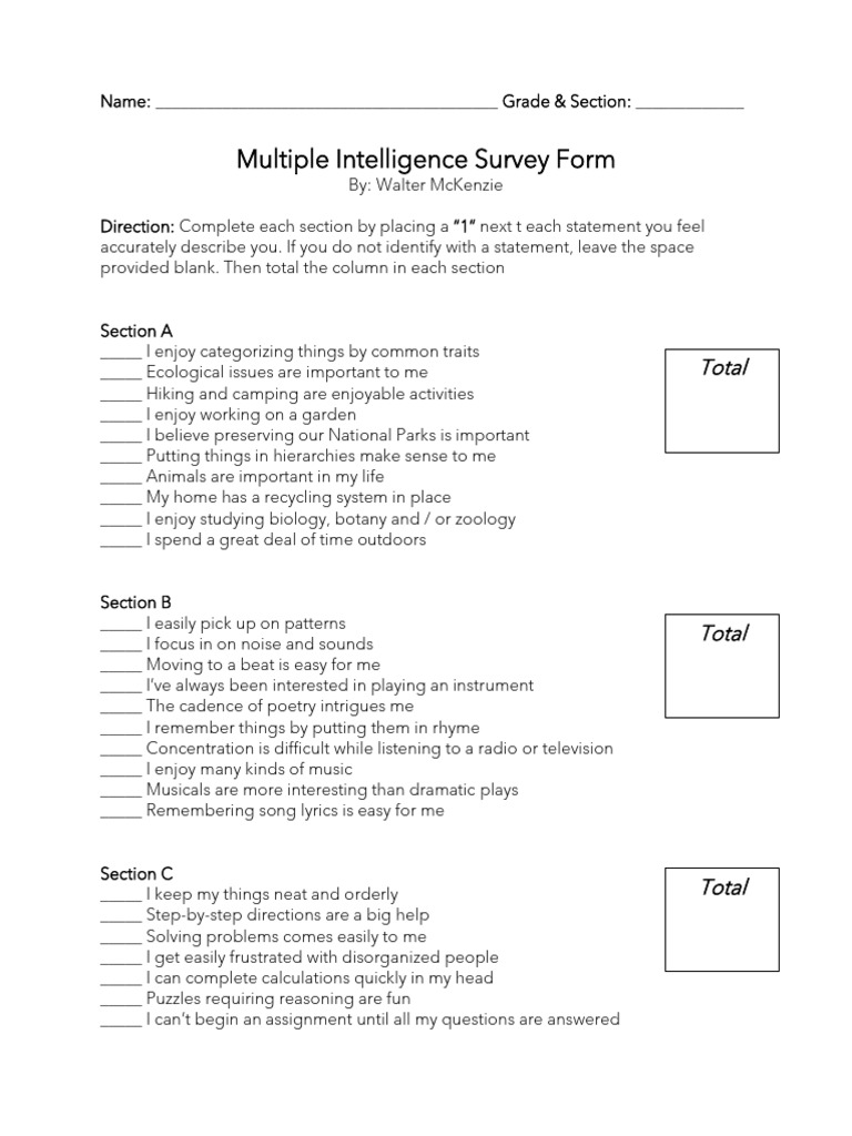 Multiple Intelligence Survey Form | PDF | Mind | Human Nature