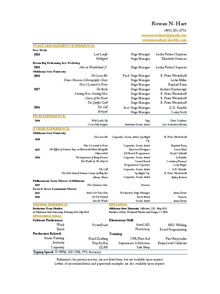 Rowan Hart Resume 2018 | PDF | The Arts | Theatre
