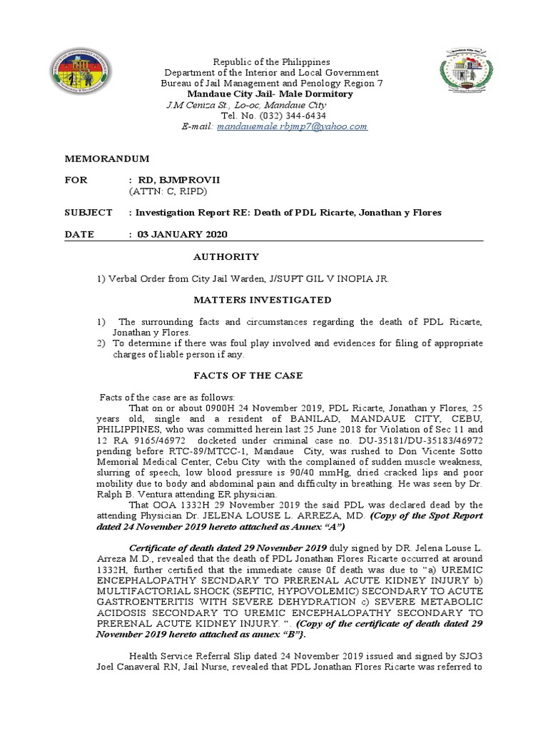 Investigation Report - (DOA) Death of PDL RICARTE, Jonathan y Flores ...
