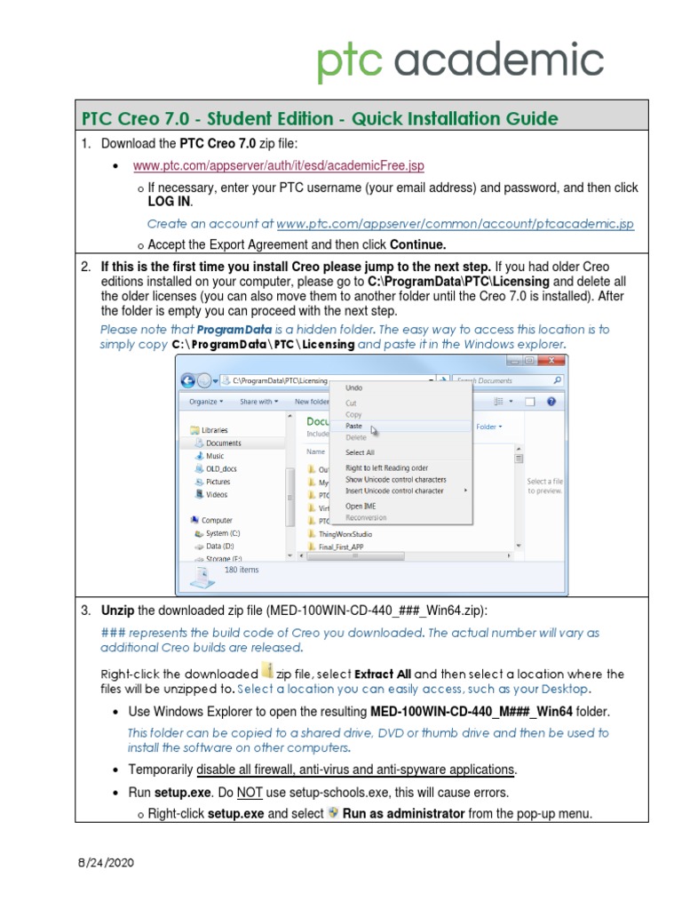 PTC Creo 7.0 - Student Edition - Quick Installation Guide: Log in | PDF | Zip (File Format ...