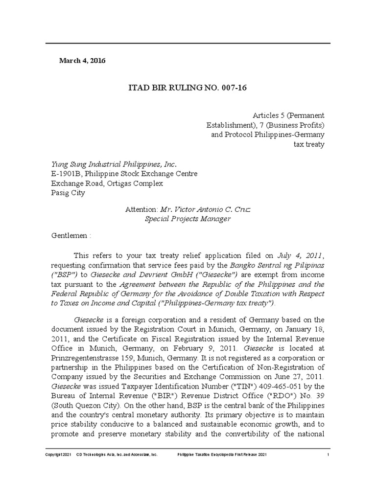 ITAD BIR Ruling No. 007-16 Dated March 4, 2016 - Business Profits | PDF ...