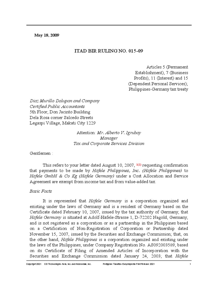ITAD BIR Ruling No. 015-19 Dated May 18, 2009 | PDF | Withholding Tax ...