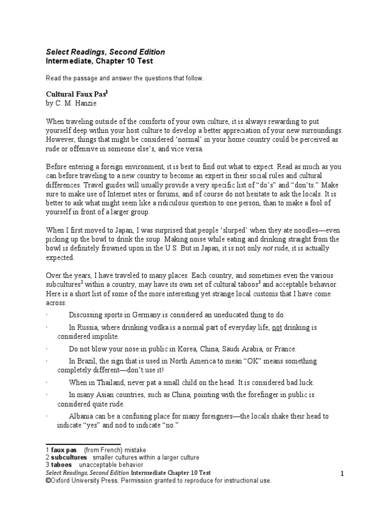 Intermediate, Chapter 10 Test: Select Readings, Second Edition | PDF ...