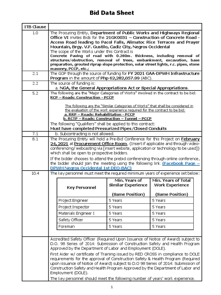 Bid Data Sheet: The Following Are The "Major Categories of Works ...