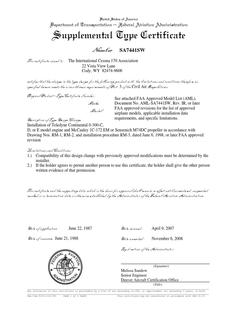 Supplemental Type Certificate: Number | Download Free PDF | Transport ...