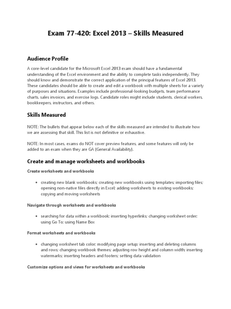 Excel 2013 Skills Measured | PDF | Worksheet | Microsoft Excel