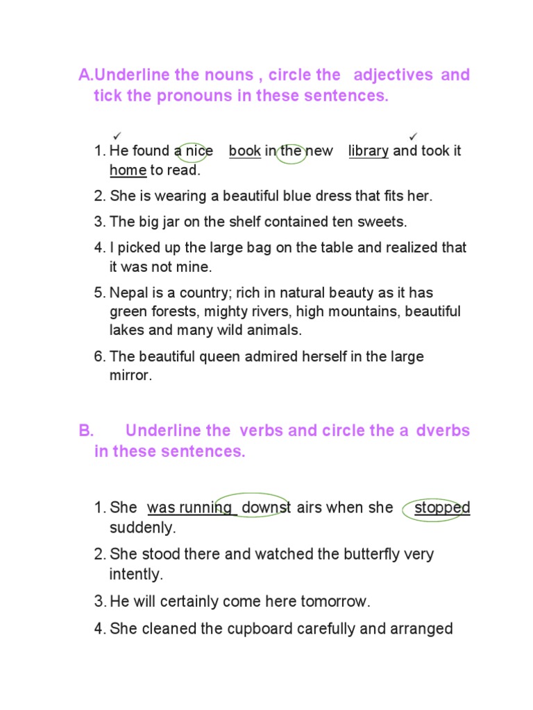 Underline The Nouns, Circle The Adjectives and A. Tick The Pronouns in ...
