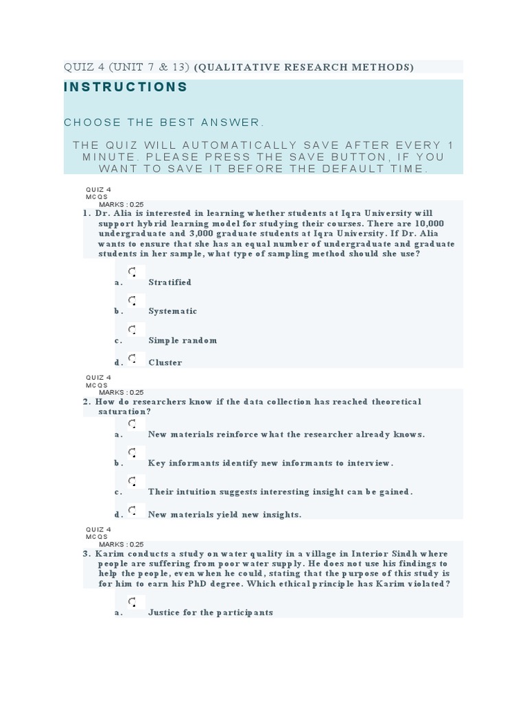 Quiz 4 | PDF | Sampling (Statistics) | Methodology