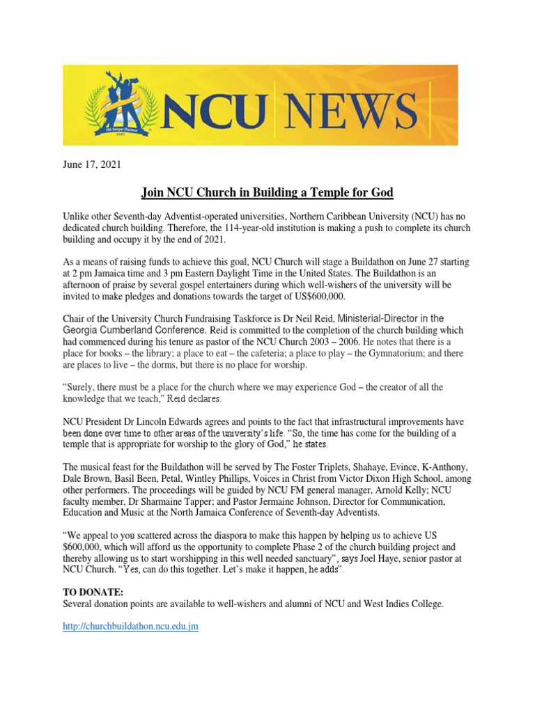 Join NCU Church in Building A Temple For God: June 17, 2021 | PDF ...