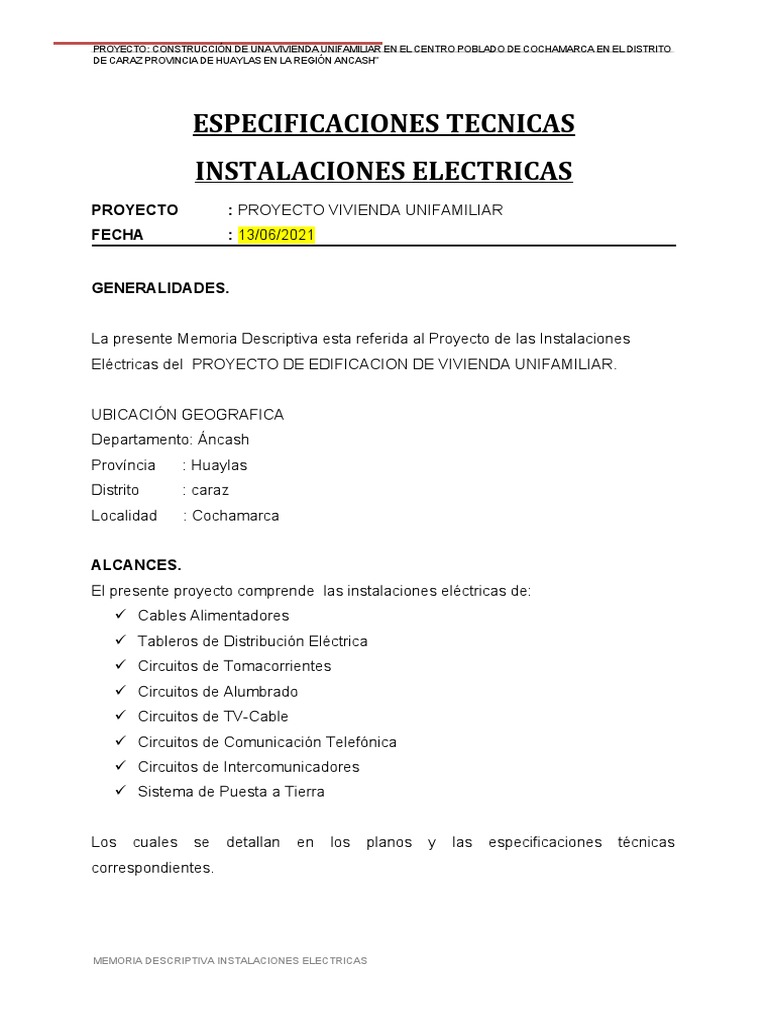 Especificaciones Tecnicas - Inst. Electricas | PDF | Corriente eléctrica | Electricidad