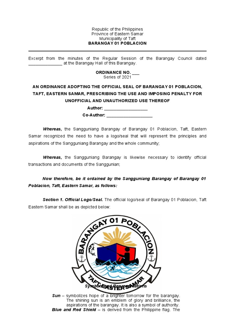 Barangay 01 Ordinance On Logo Adption | PDF | Logos | Constitutional Law Barangay 01 Ordinance On Logo Adption | PDF | Logos | Constitutional Law