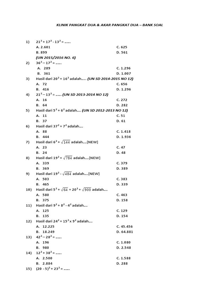 Bank Soal Matematika Pangkat 2 Dan Akar Pangkat 2 | PDF