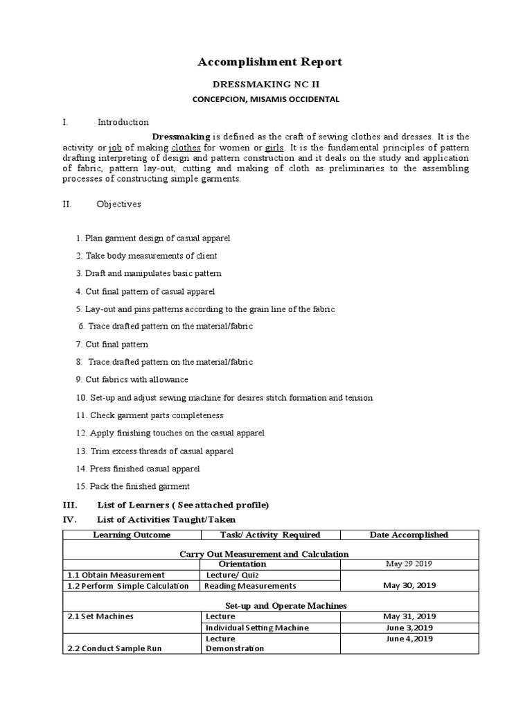 Dressmaking NC II Casual Report | PDF | Sewing | Clothing