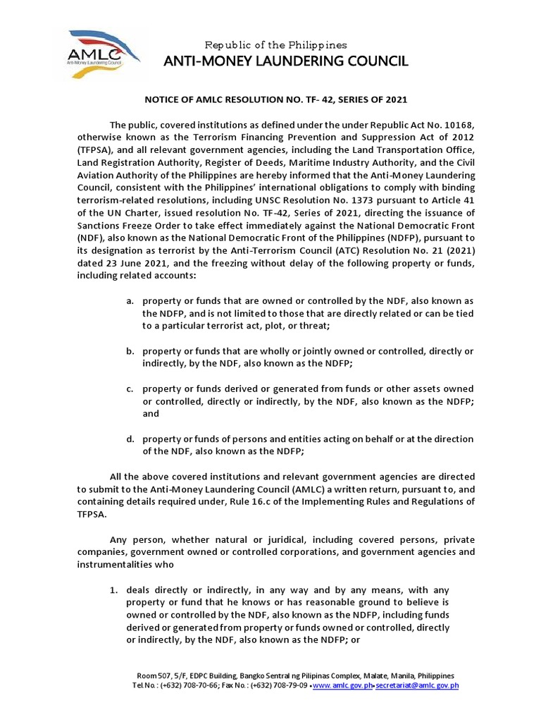 AMLC Notice Re NDF Designation | Download Free PDF | Money Laundering ...