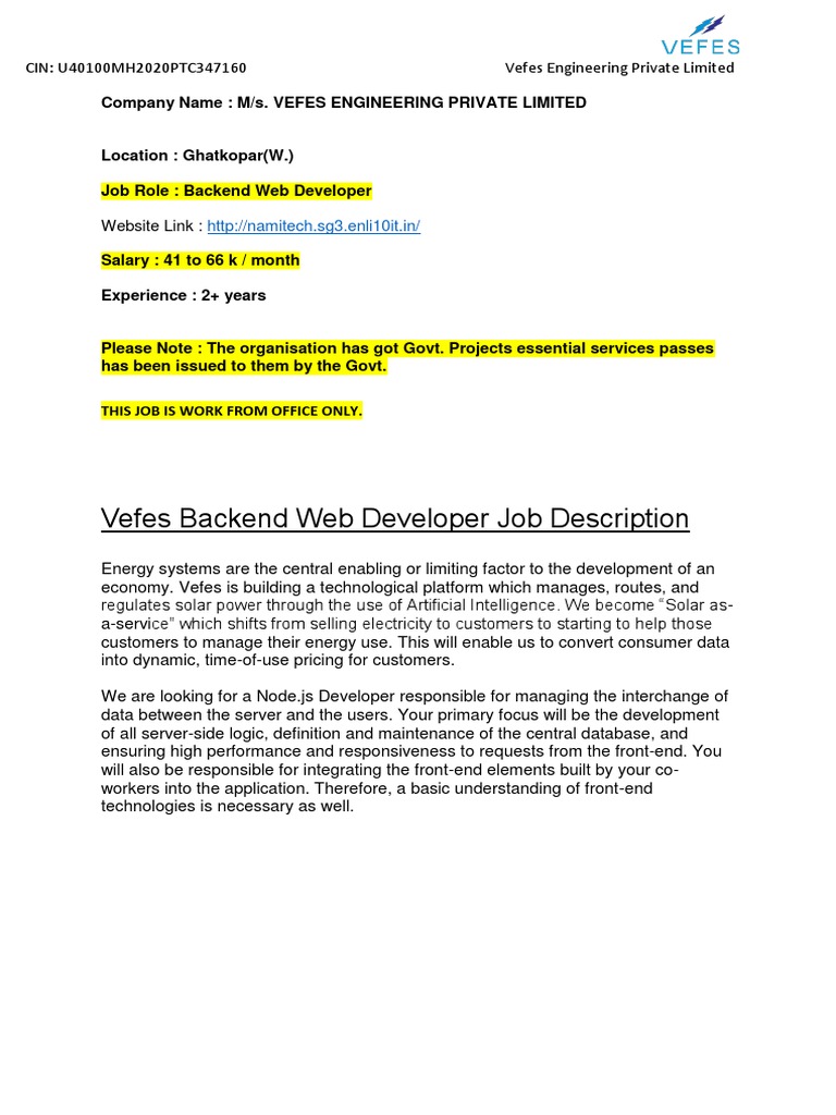 Backend Web Developer Job at Vefes Engineering | PDF | Databases ...