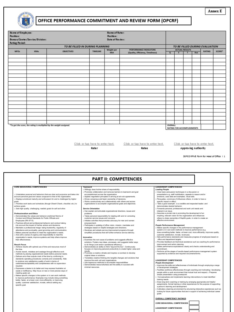 Office Performance Commitment and Review Form (Opcrf) : Annex E | PDF ...