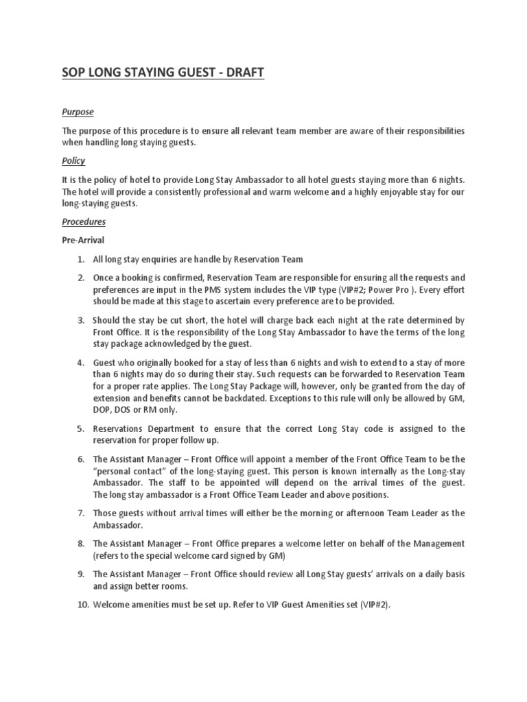 Sop Long Staying Guest - Draft | PDF | Hotel And Accommodation | Business