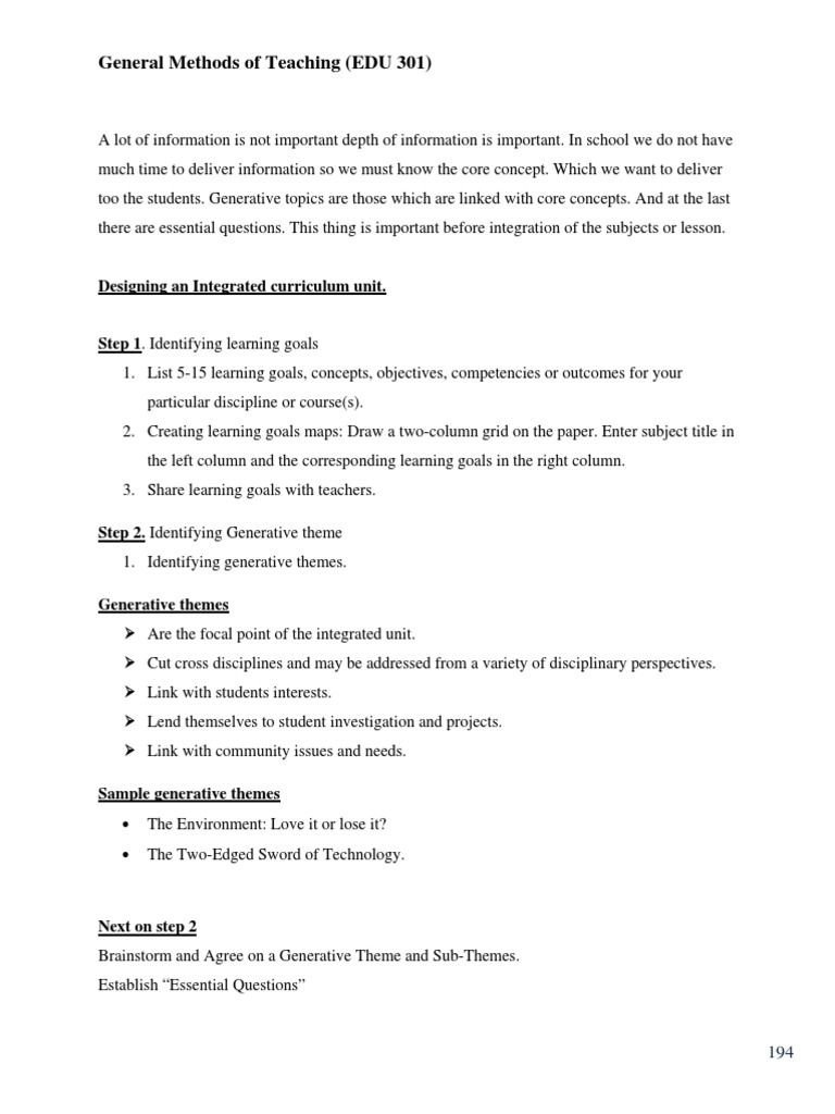 General Methods of Teaching (EDU 301) : Designing An Integrated Curriculum Unit | PDF ...