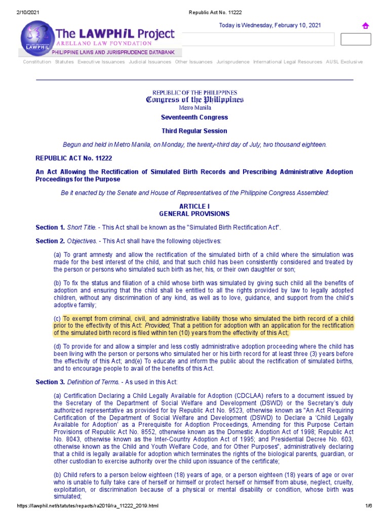 Republic Act No. 11222 | PDF | Adoption | Birth Certificate