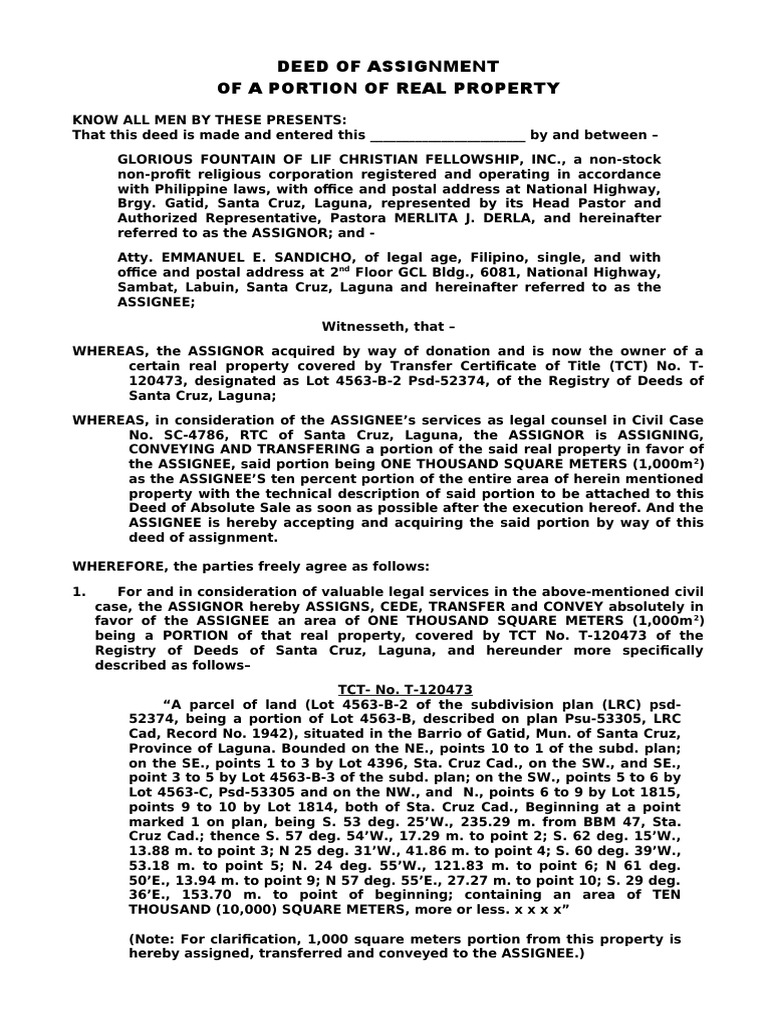 Deed of Assignment of Real Estate-PORTION-1000-A | PDF | Assignment ...