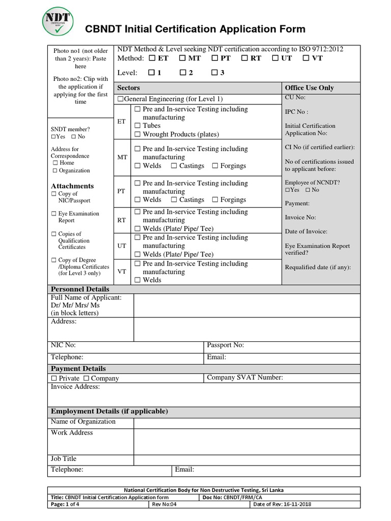 4.14 CBNDT - Certification - Application - Form | PDF | Nondestructive ...