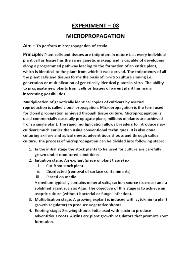 Micropropagation Exp | PDF | Biology | Organisms
