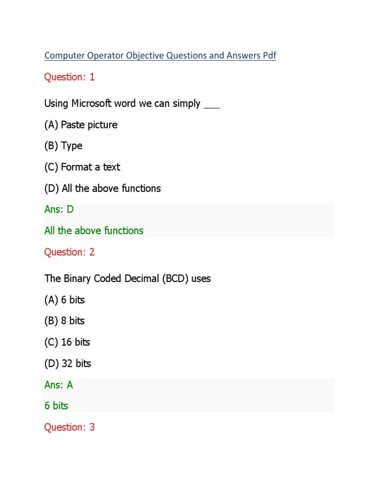 Computer Operator Objective Questions and Answers | PDF | Computers