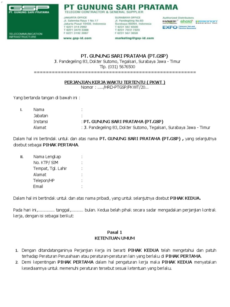 Surat Perjanjian Kerja Waktu Tertentu PKWT | PDF