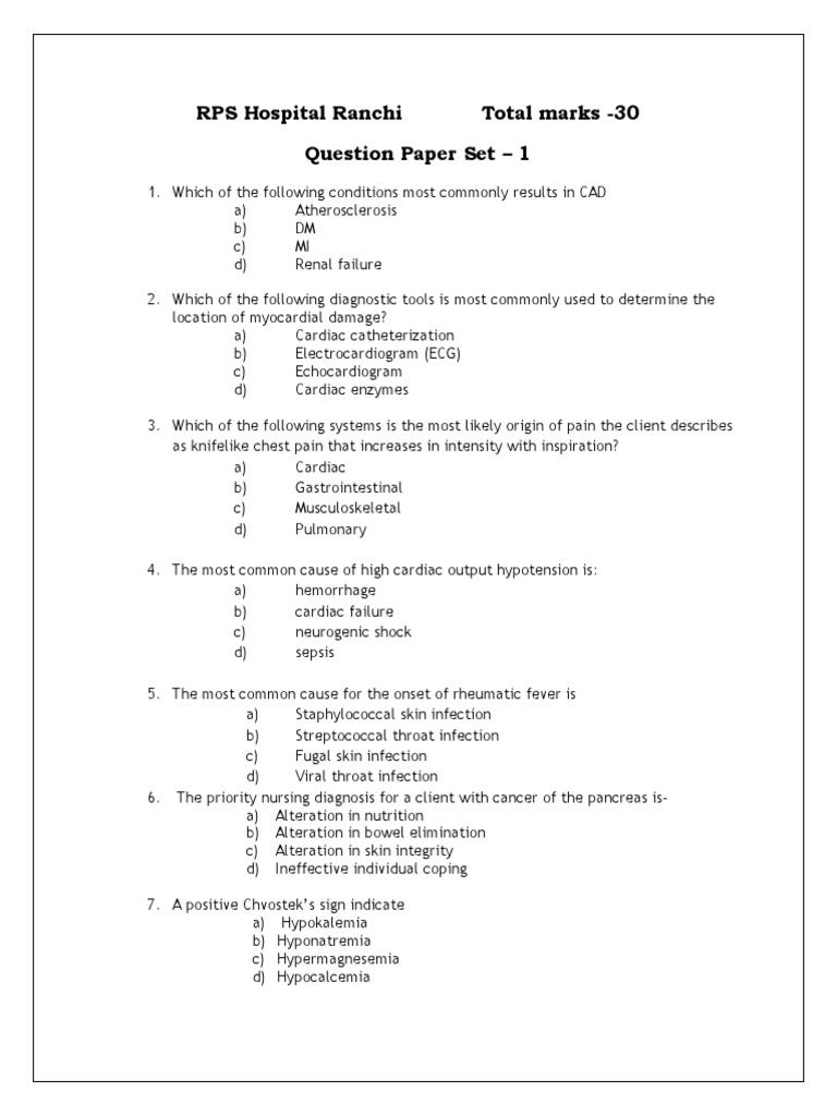RPS Hospital Ranchi Total Marks - 30 Question Paper Set - 1 | PDF ...