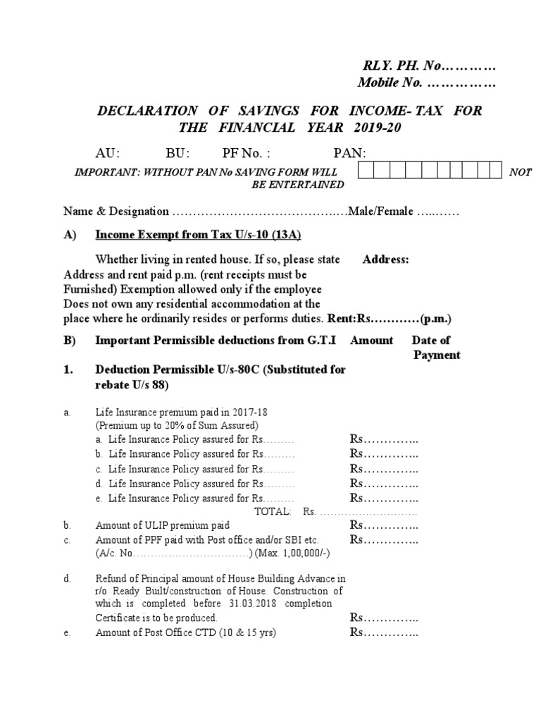 Income Tax Savings Declaration Form 2019-20 | PDF | Employee Benefits | Life Insurance
