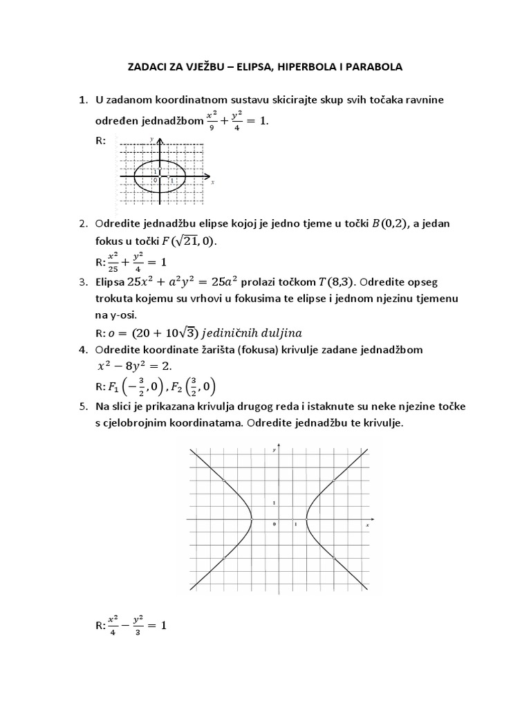 ZADACI ZA VJEŽBU - Elipsa - Hiperbola - Parabola | PDF