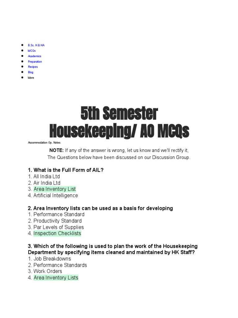 5Th Semester Housekeeping/ Ao MCQS: 1. What Is The Full Form of Ail ...
