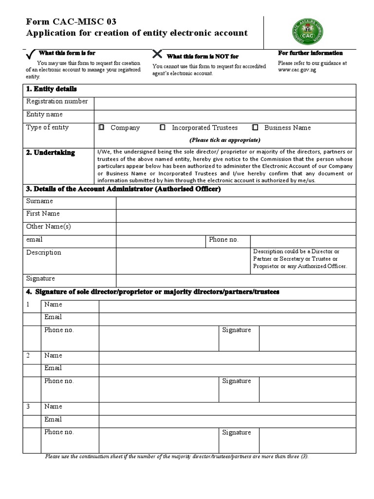 Form CAC-MISC 03 Application For Creation of Entity Electronic Account ...