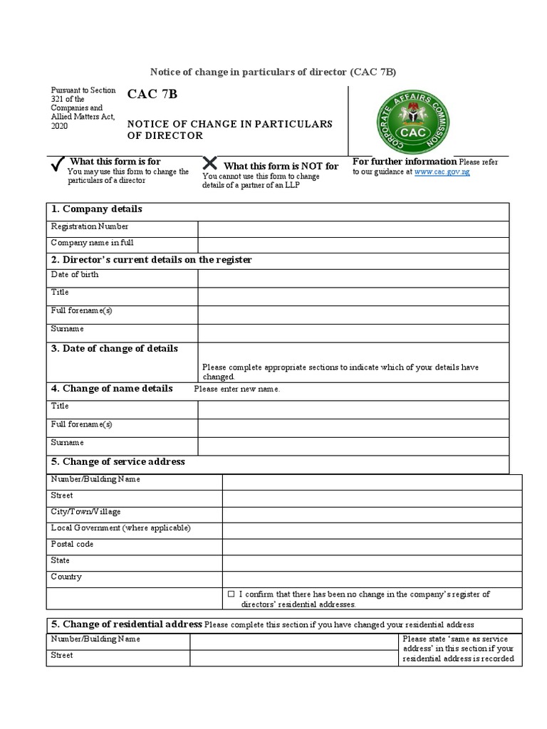 Cac 7B: Notice of Change in Particulars of Director | PDF | Perjury ...