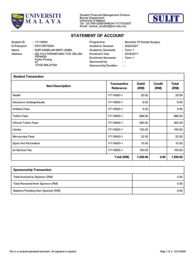 Statement of Account: Student Transaction Transaction Reference Debit ...