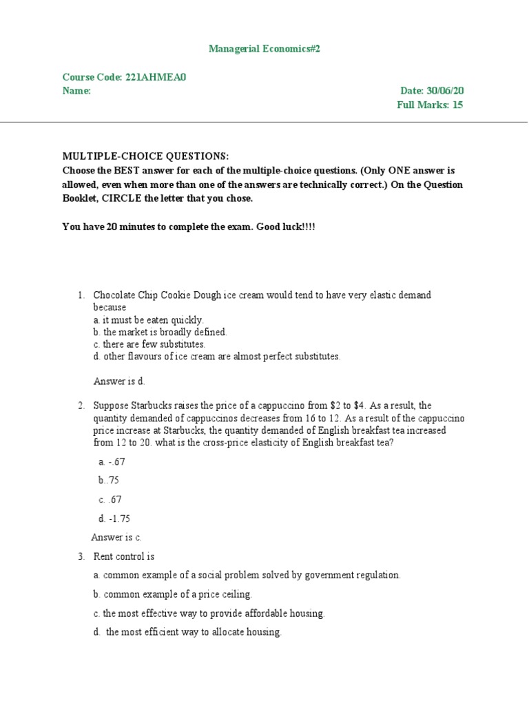 Manegerial Economics MCQ2 | PDF | Elasticity (Economics) | Demand