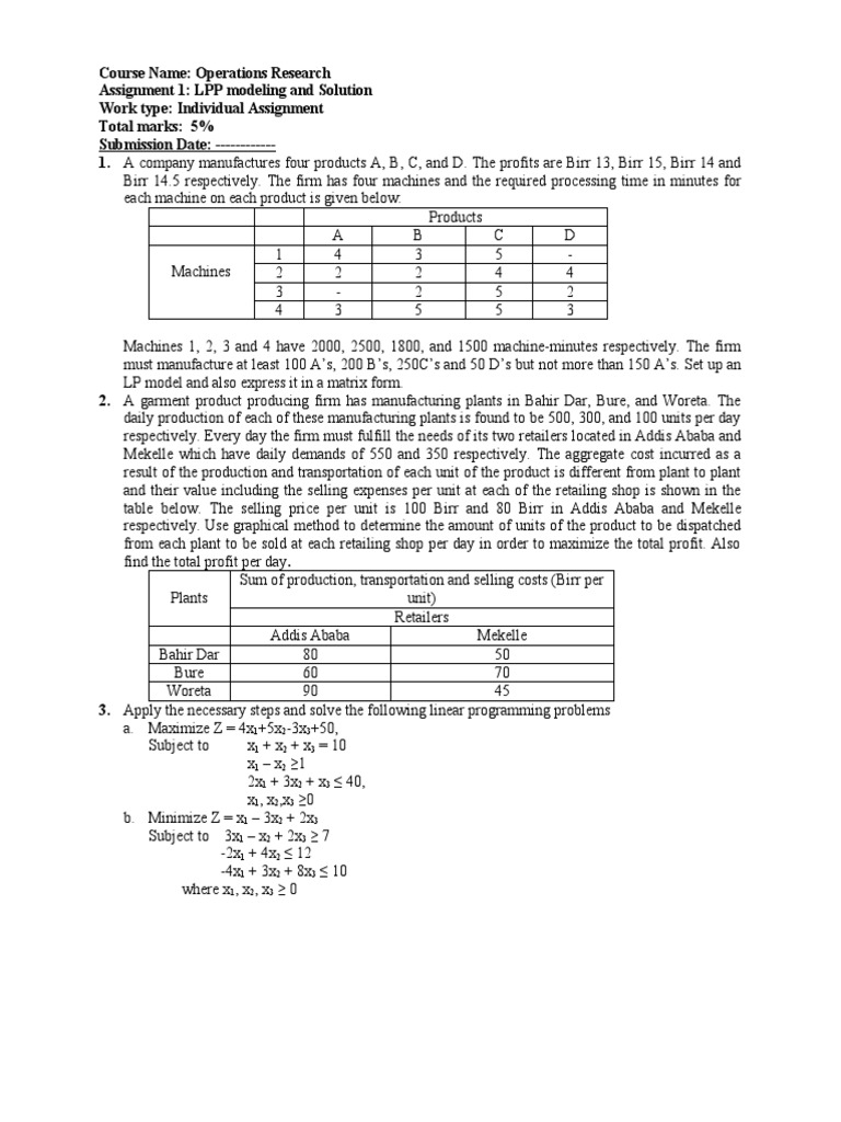 Assignment 1 LPP Modeling and Solution | PDF | Linear Programming | Algorithms