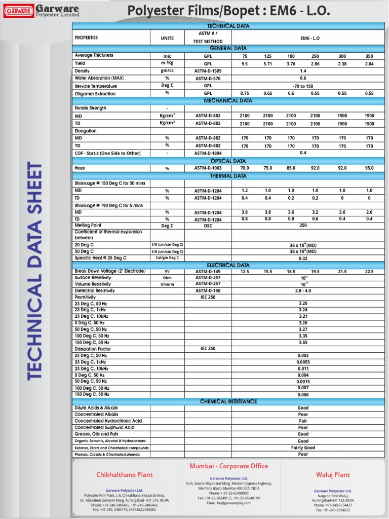 Garware Polyester Films Technical Data Sheet | PDF | Electrical ...
