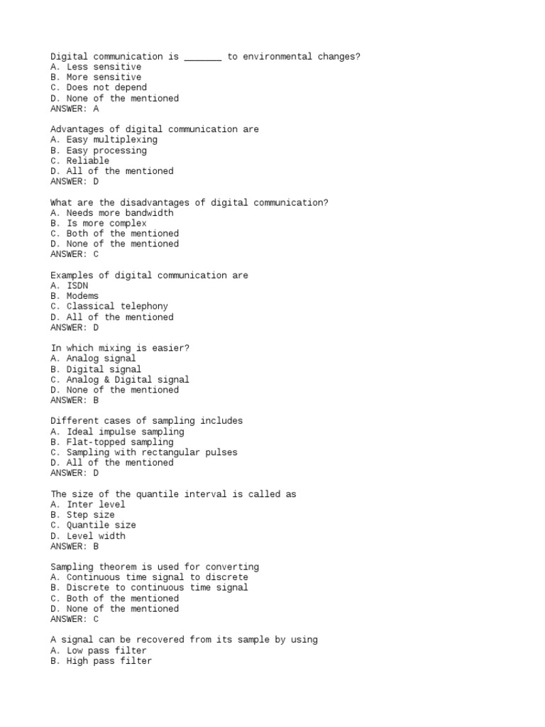 Digital Communication Quiz Answers | PDF
