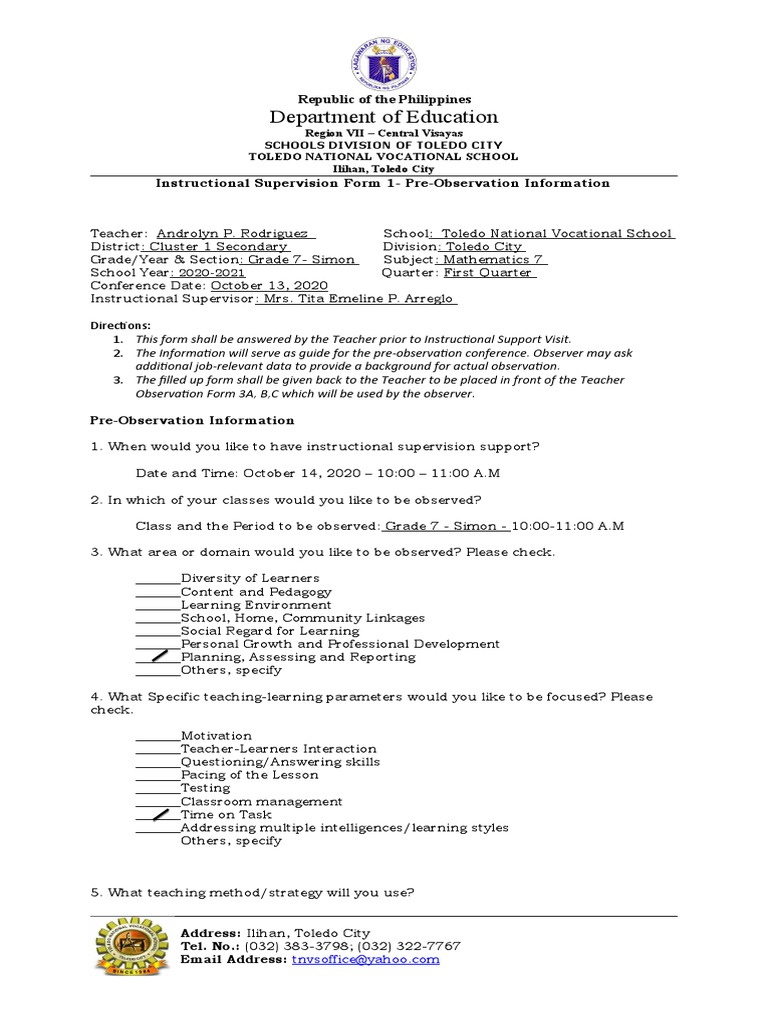 Pre-Observation Conference Form for a Grade 7 Mathematics Class on ...