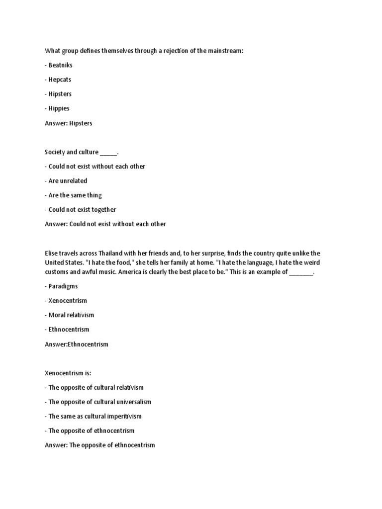 Cultural Concepts and Examples Quiz | PDF | Human Nature | Culture ...