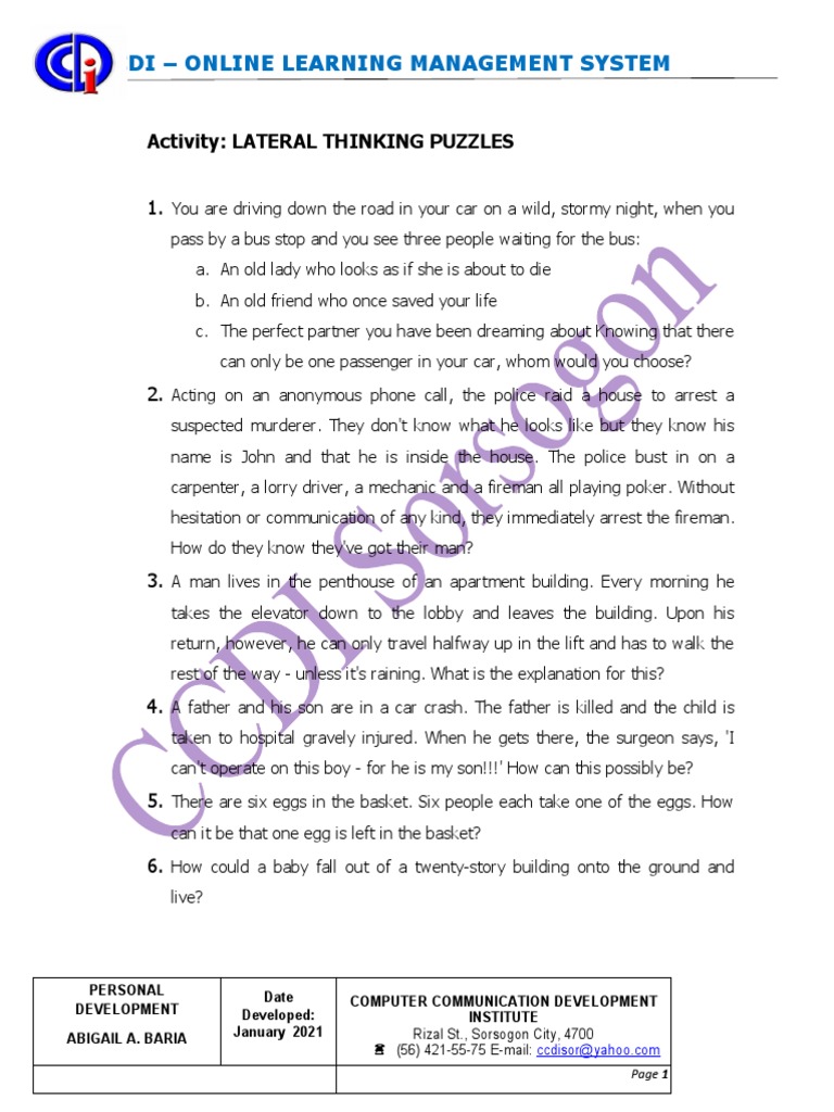 Ccdi - Online Learning Management System: Activity: Lateral Thinking Puzzles | PDF | Violence