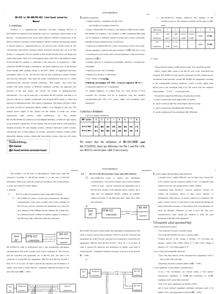 STM422 RS232 To RS485-RS422 Interface Converter User Guide | PDF | Computer Networking | Equipment