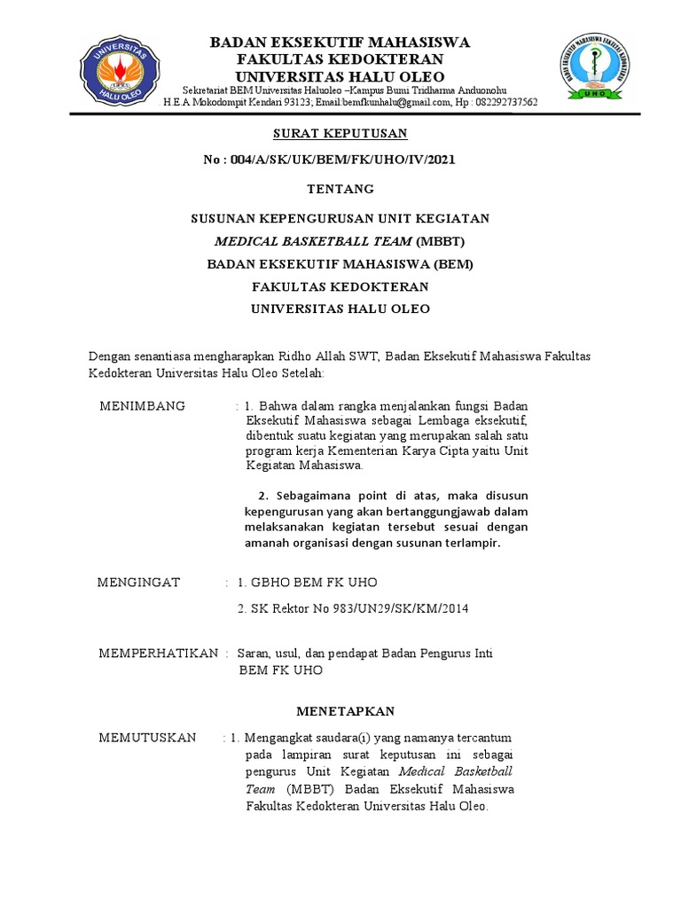 SK Kepengurusan MBBT FK Uho 2021 | PDF