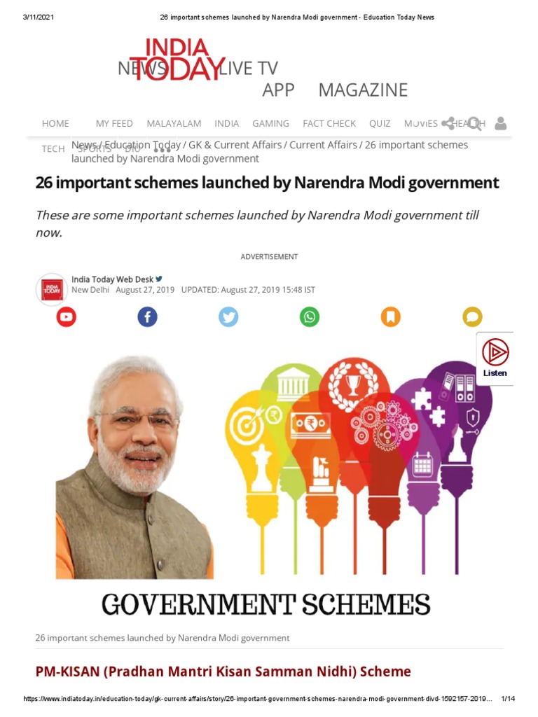 26 Important Schemes Launched by Narendra Modi Government A.O.AUGUST ...