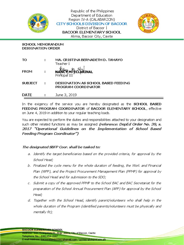 BES - Designation Order - School Based Feeding Program Coor | PDF ...