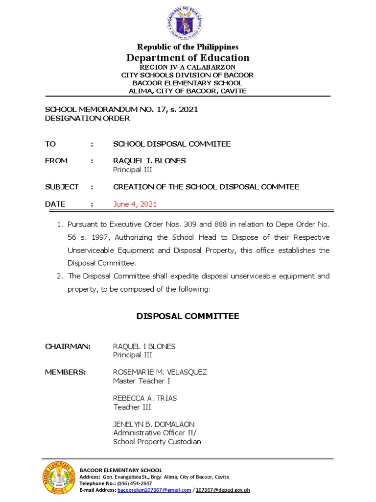 BES - Designation Order - School Disposal Commitee | PDF | Policy | Justice