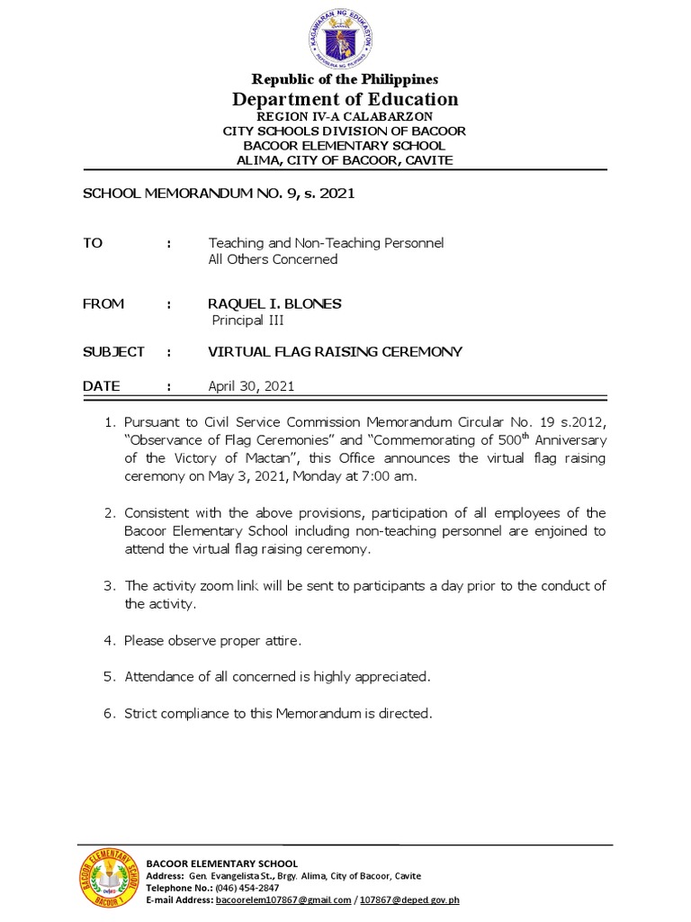 BES - SM No.9 S. 2021 - Virtual Flag Raising Ceremony | PDF